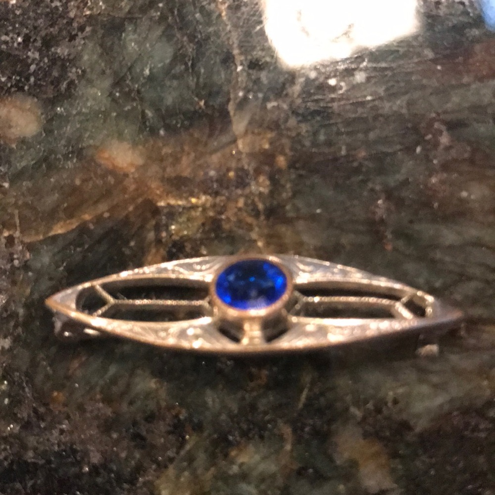 Antique Sterling Silver And Saphire Bar Pin - Gem